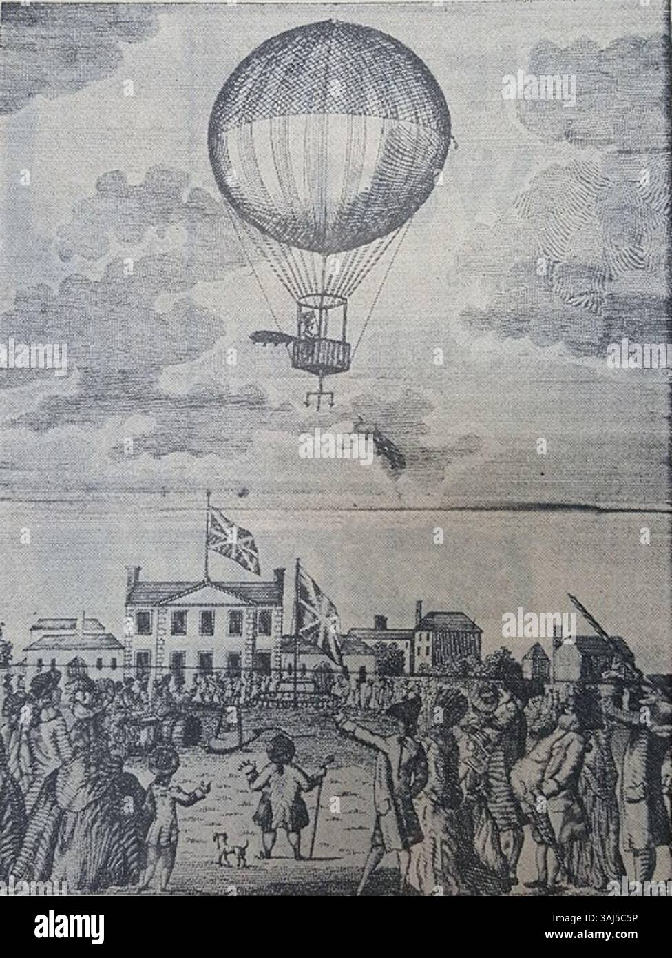 This engraving by John Ferrar depicts Richard Crosby's balloon flight ...