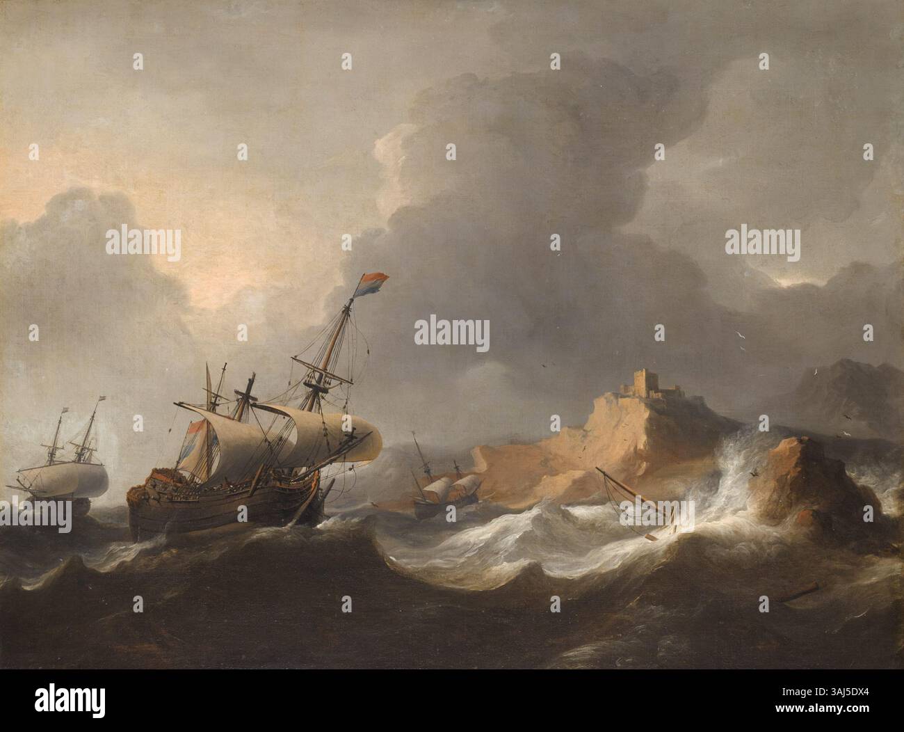 Aernout Smit’s painting of ships in distress, set off a rocky coast, highlights dramatic ...