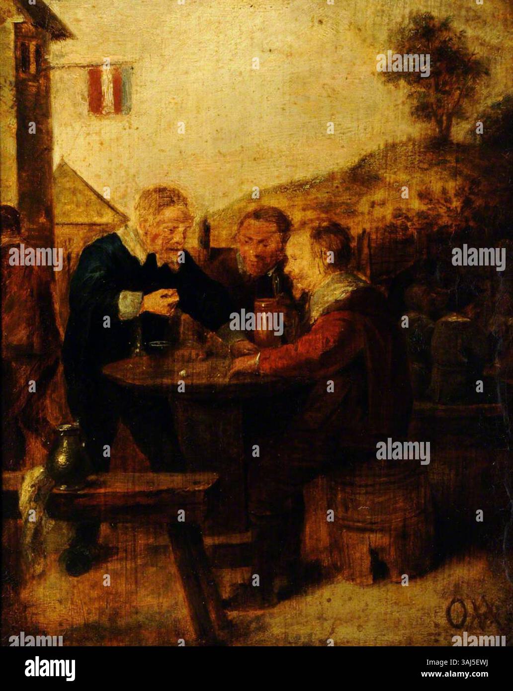 This 19th-century oil painting depicts three men seated at a table ...