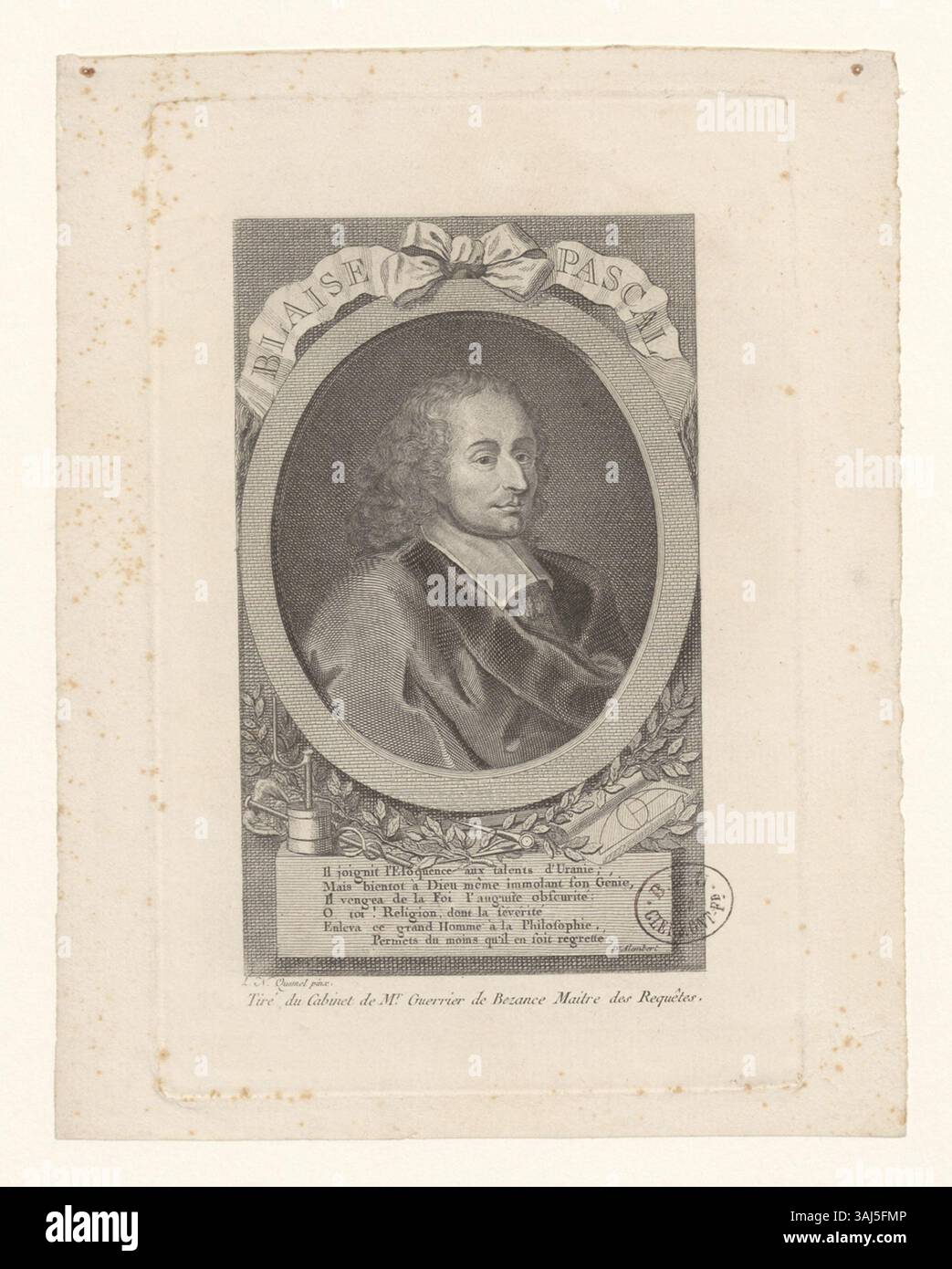 This intaglio print features a portrait of Blaise Pascal, part of the ...