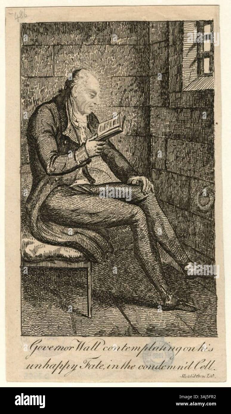 Painting of Governor Wall in his condemned cell around 1802, depicting ...