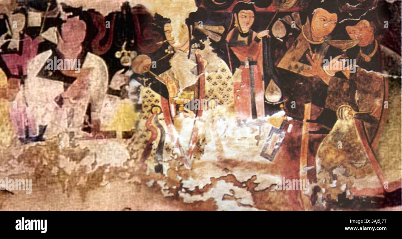 A fresco from the 6th-7th century, depicting a banquet scene at Balalyk ...