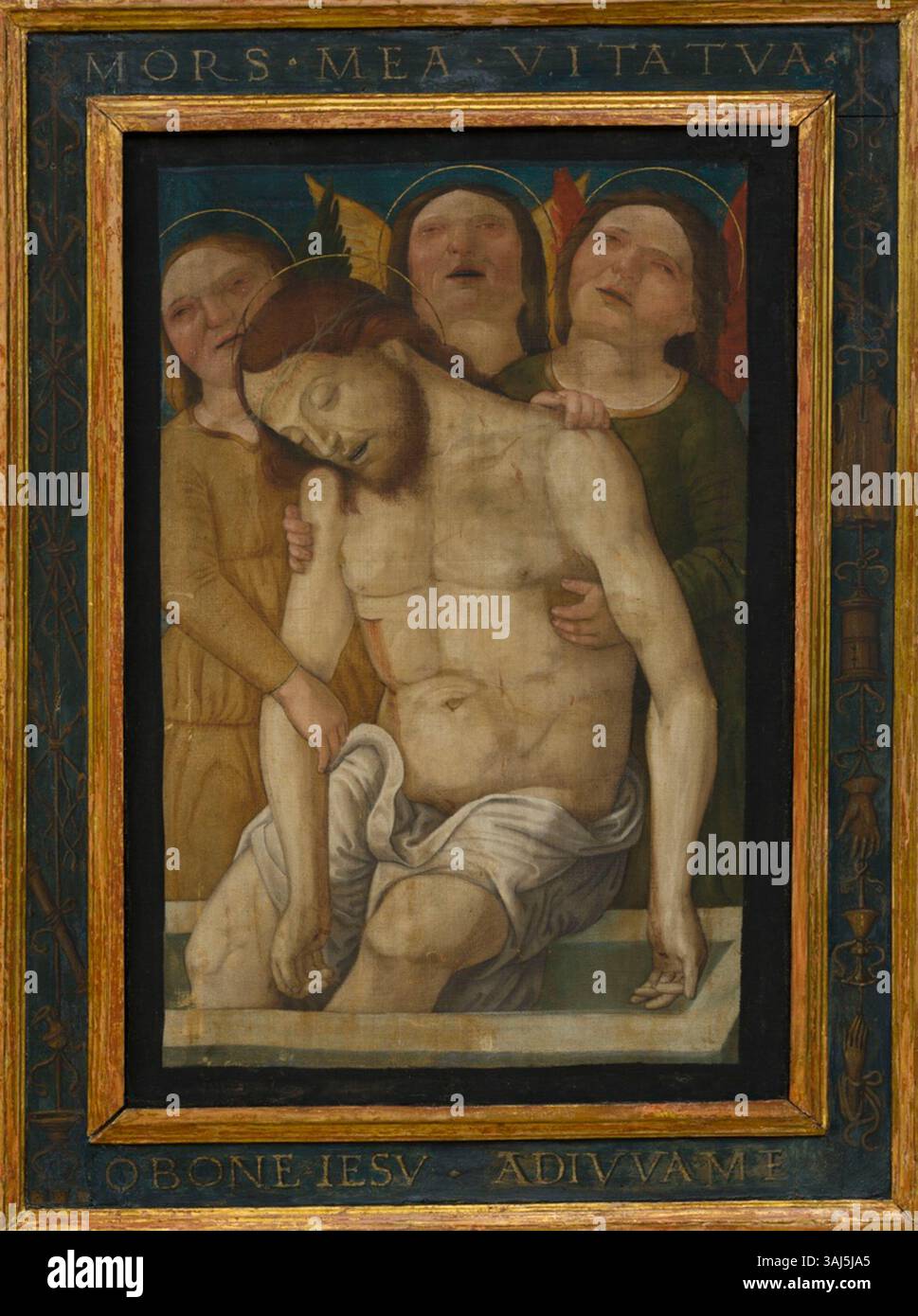 An anonymous 15th-century painting depicting the dead Christ supported by grieving angels. This ...