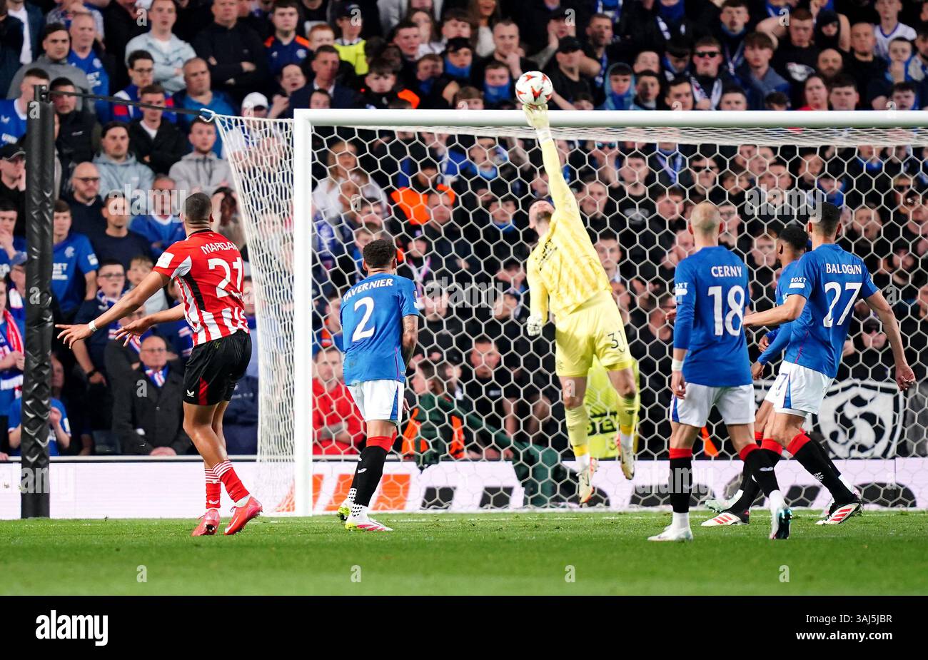 Rangers goalkeeper Liam Kelly makes a save from Athletic Bilbao's ...