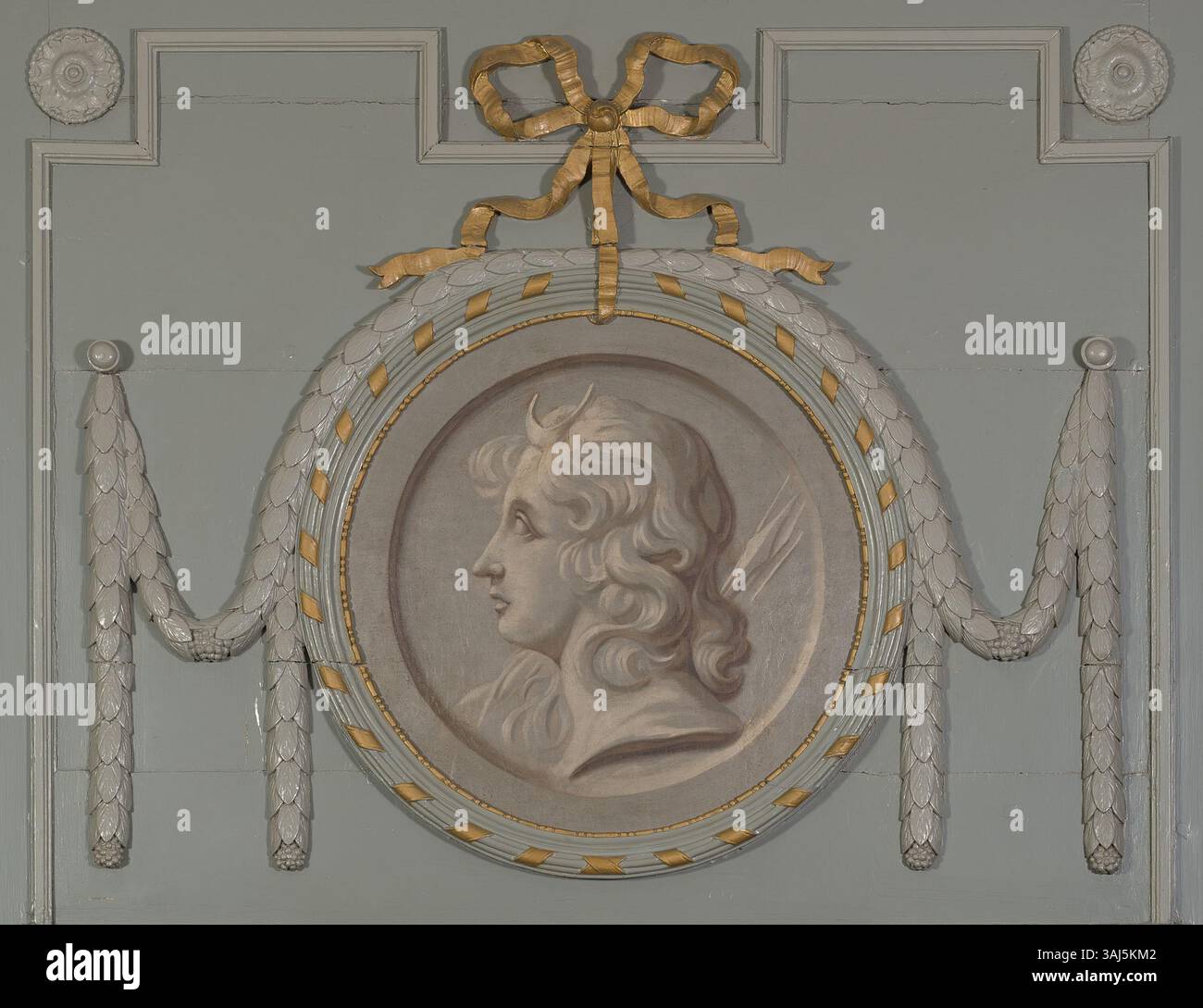 This 1776 grisaille medallion of Artemis, created in oil on canvas, is ...