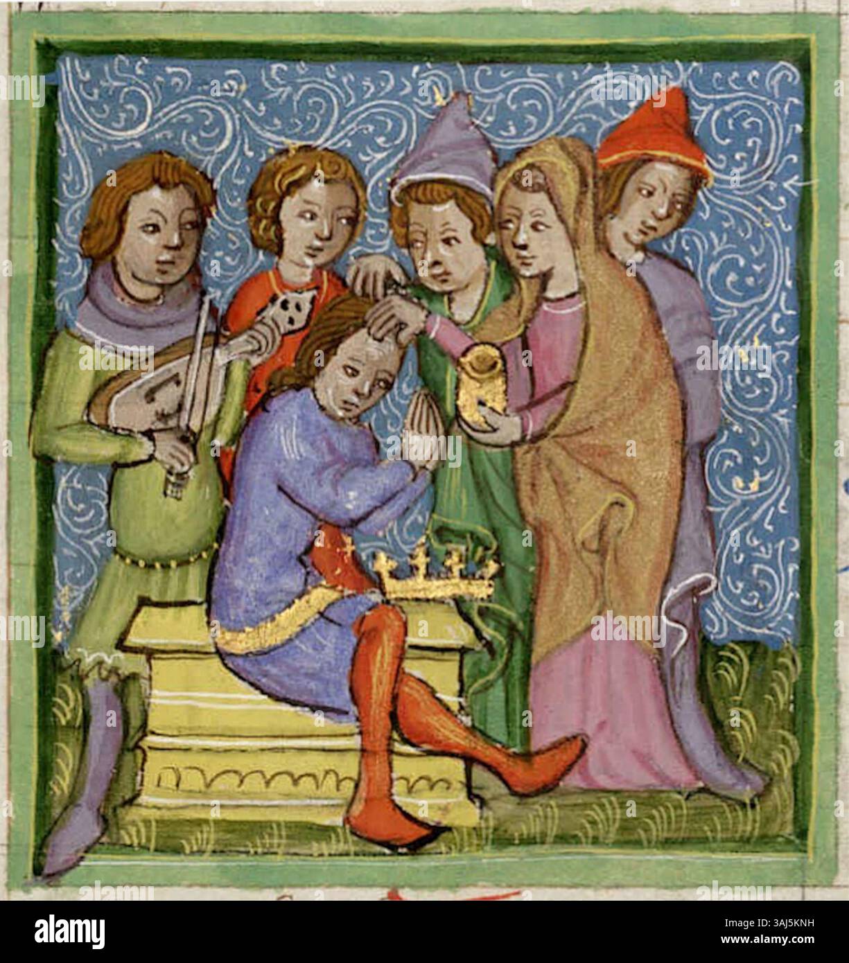 The Olomouc Bible’s folio 264r, painted in 1417, portrays the anointing ...