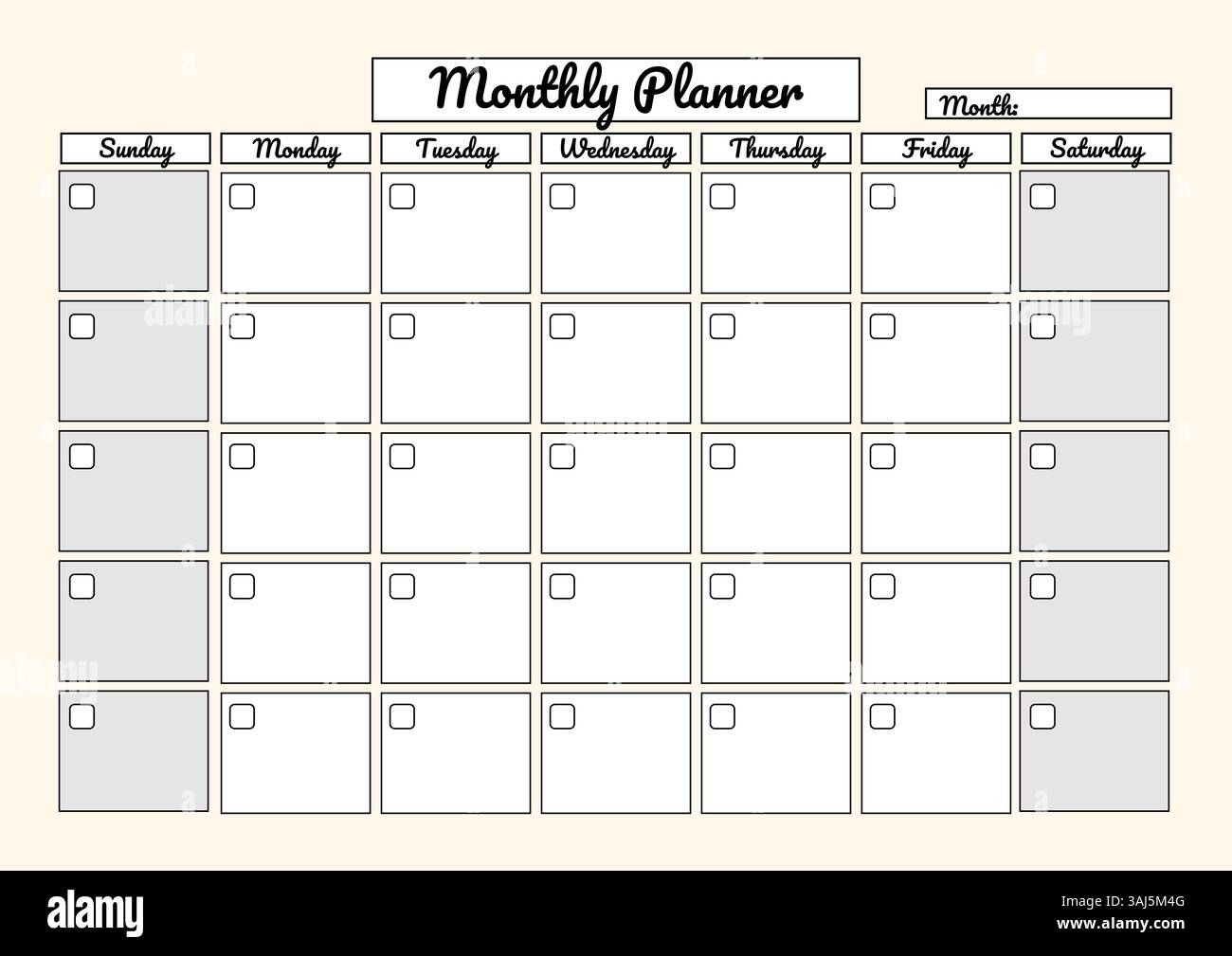 A minimalistic monthly planner template with a blank calendar grid ...