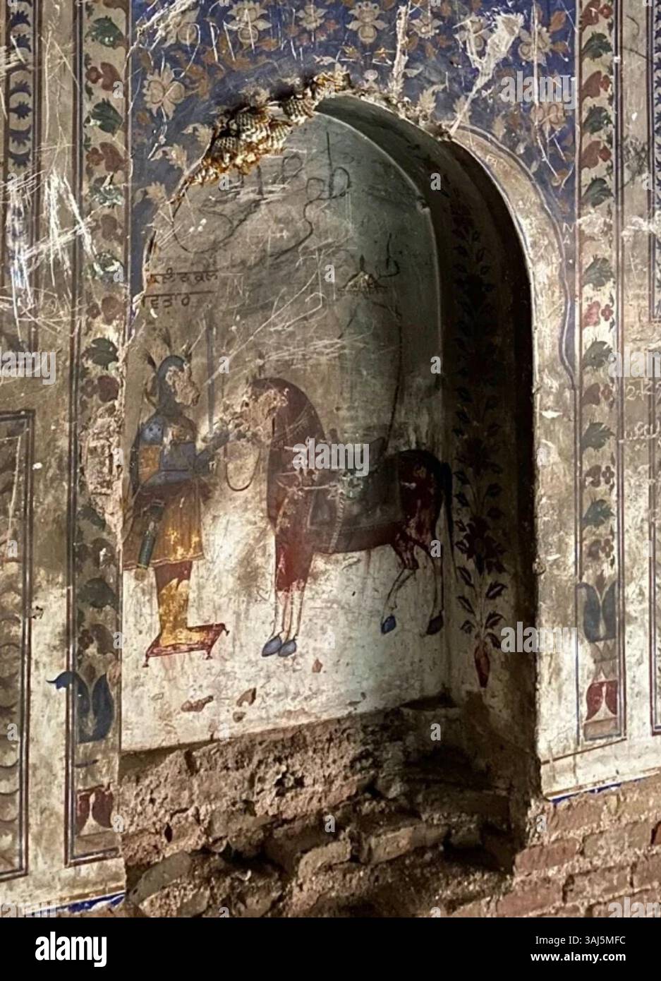 A 19th-century fresco from the Gurdwara and Samadh of Baba Than Singh depicting a Sikh warrior ...