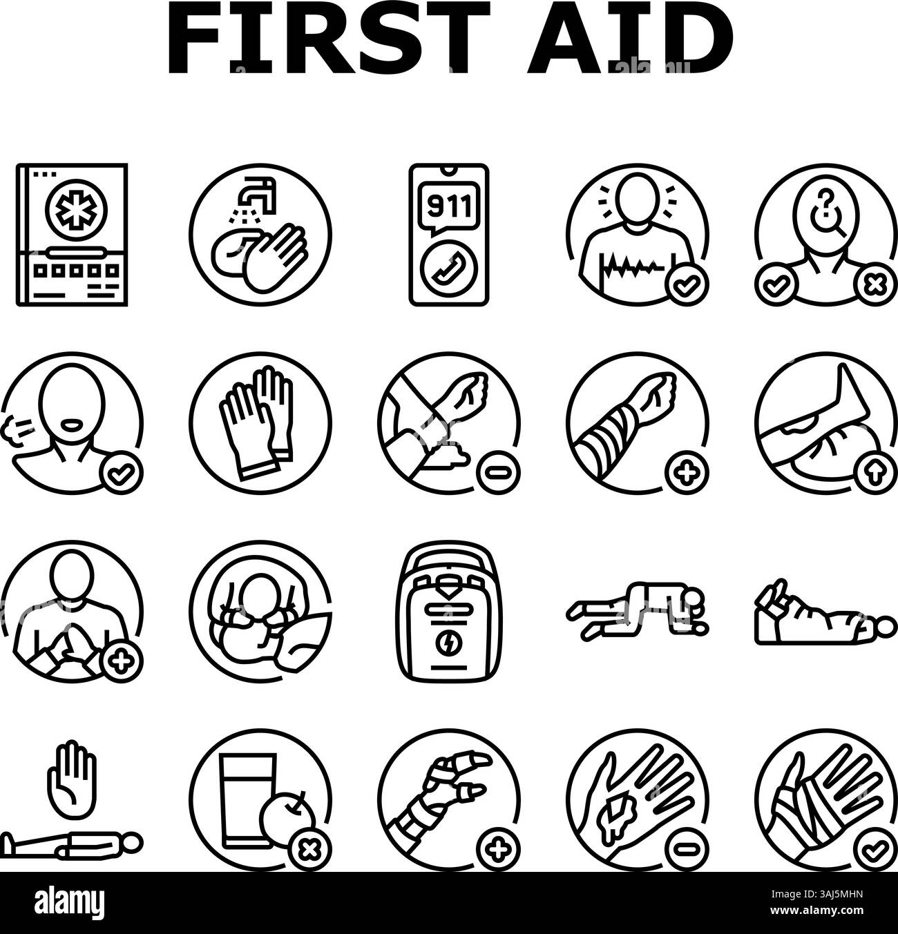 first aid providing cpr bandage icons set vector Stock Vector Image ...