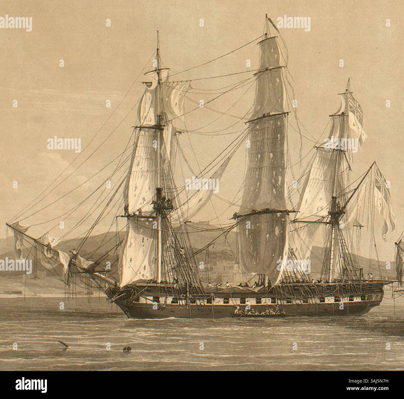An engraving depicting HMS Spartan (1806) in the Bay of Naples during ...
