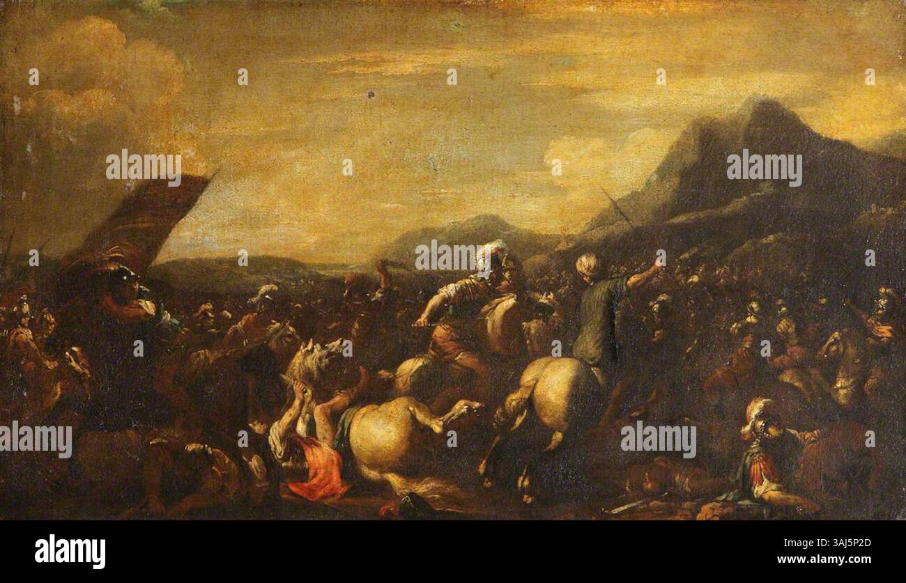 This battle scene, painted in the style of Pandolfo Reschi, depicts ...