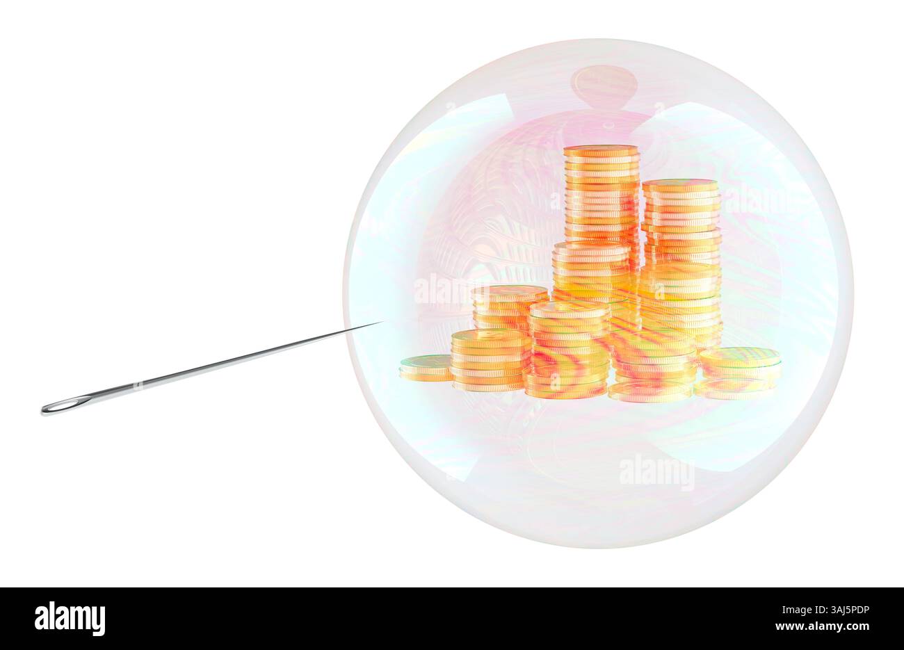 Golden coins inside soap bubble with needle. Economic or Financial ...