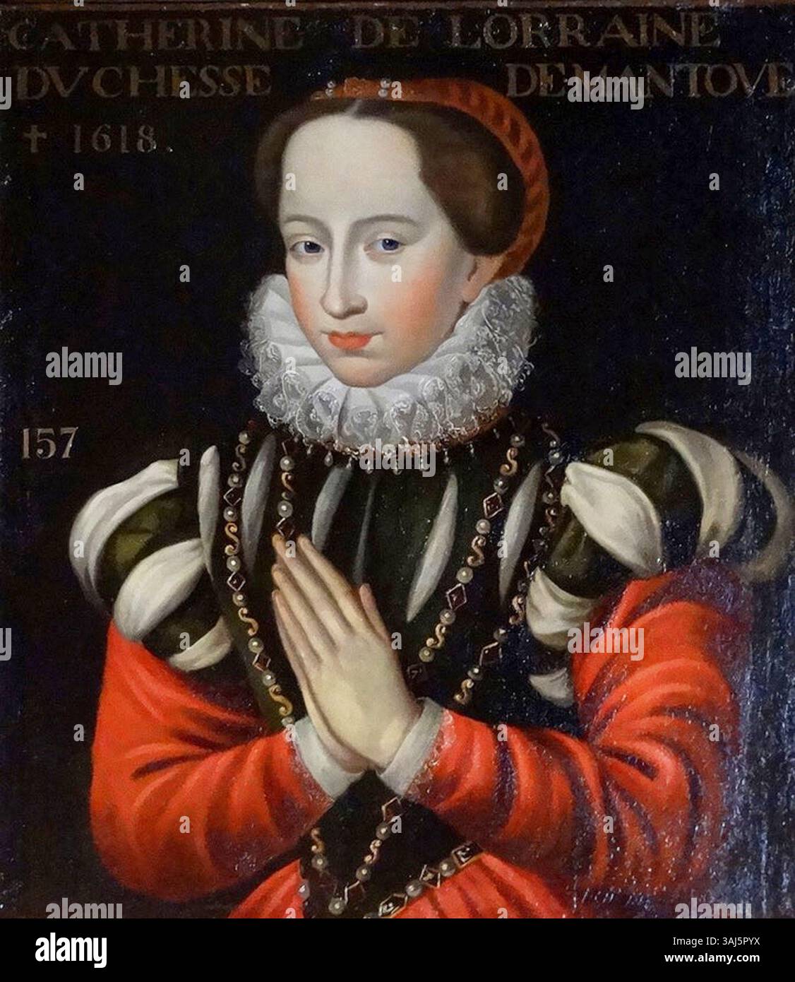 This portrait depicts Catherine of Lorraine, Duchess of Mantua, wife of ...