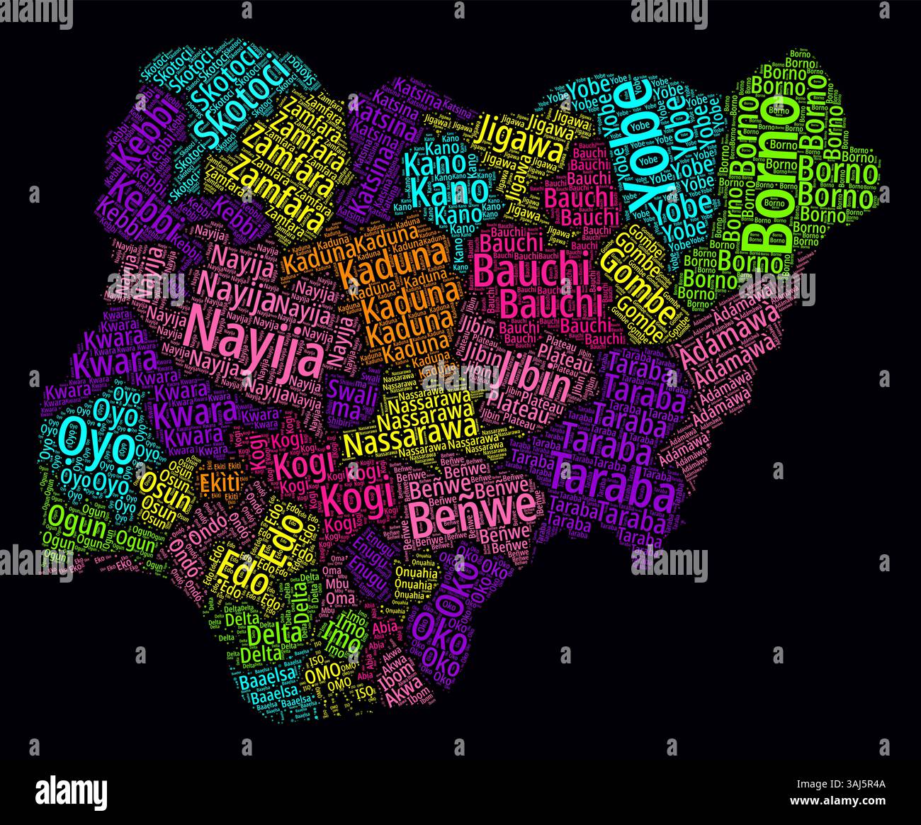 Nigeria Regions Word Clouds. Bright neon style design on dark ...