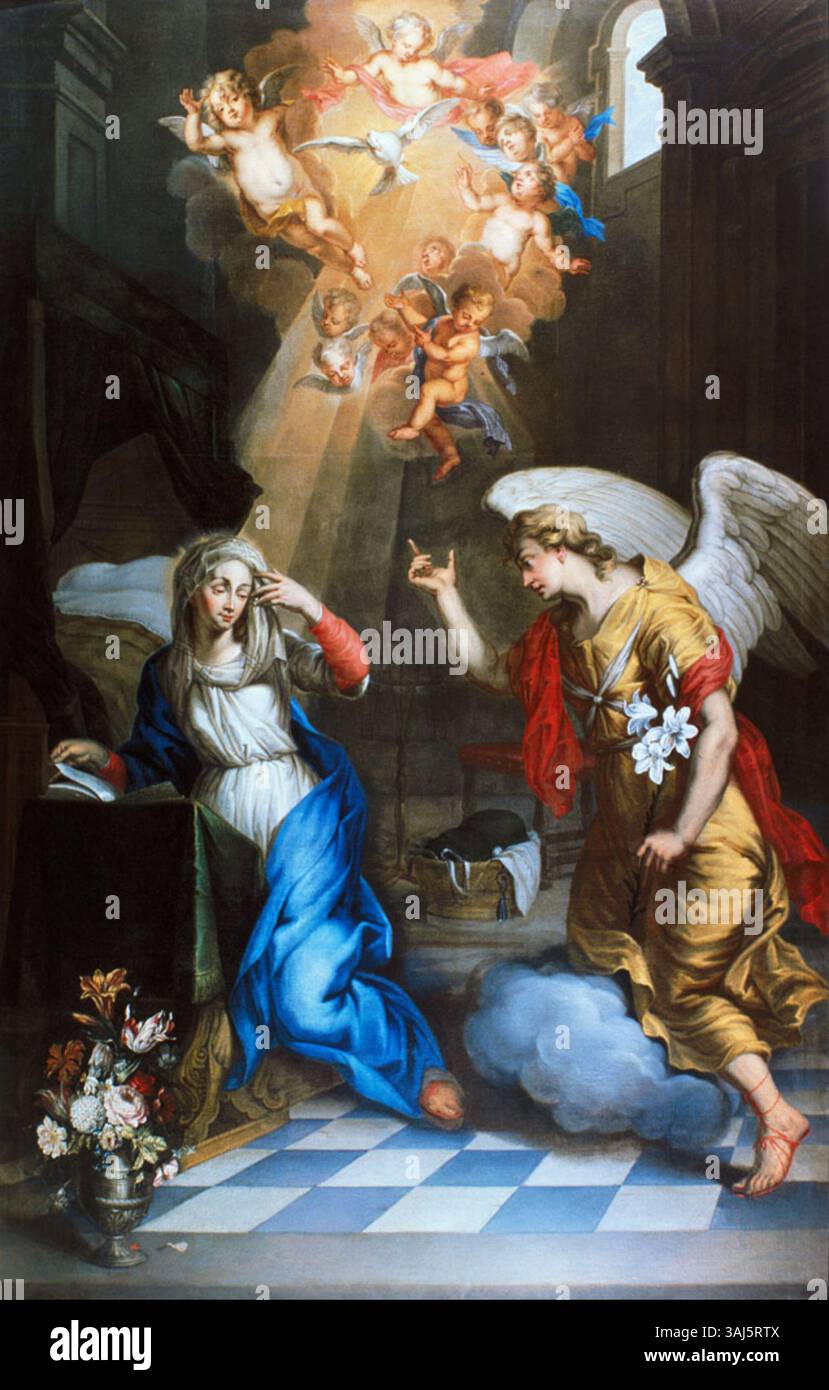 'The Annunciation' by Oswald Onghers, painted in 1702, portrays the ...