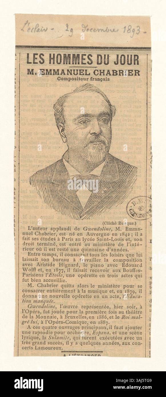 Wood engraving print of Emmanuel Chabrier, a renowned French composer ...