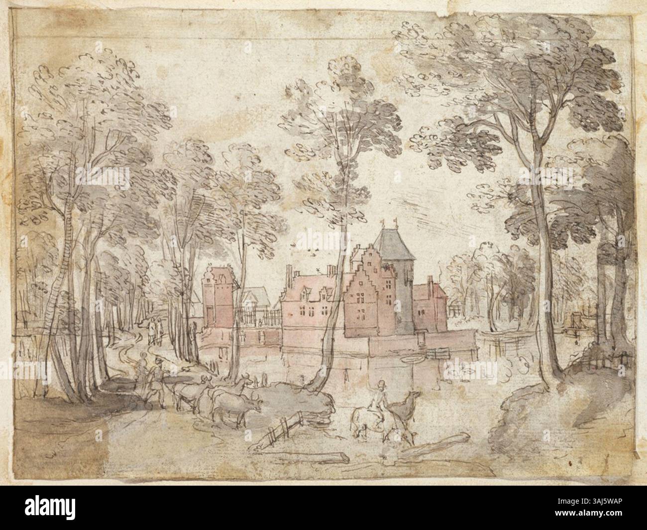 This circa 1580 drawing depicts the Castle of Rivieren at Ganshoren ...