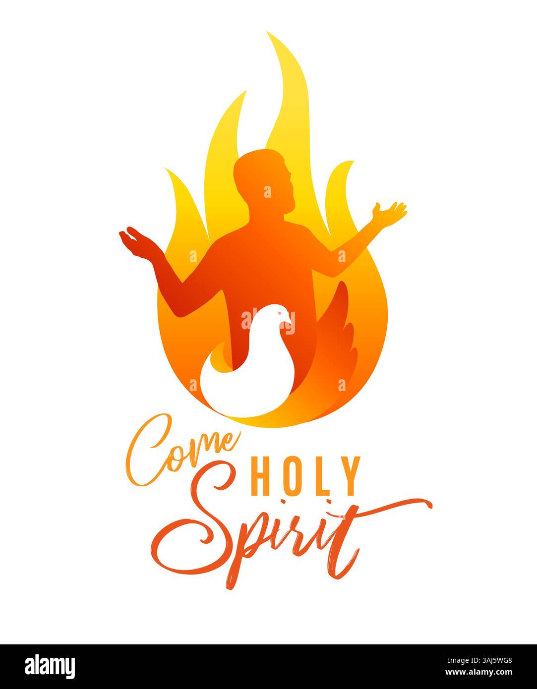 Come Holy Spirit with praying man in flames and dove. Pentecost Sunday ...
