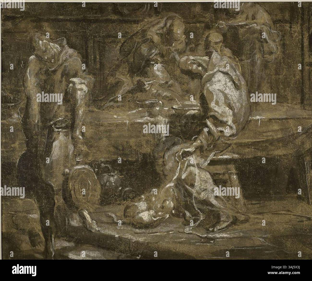 Alessandro Magnasco's gouache and black stone drawing depicts monks ...