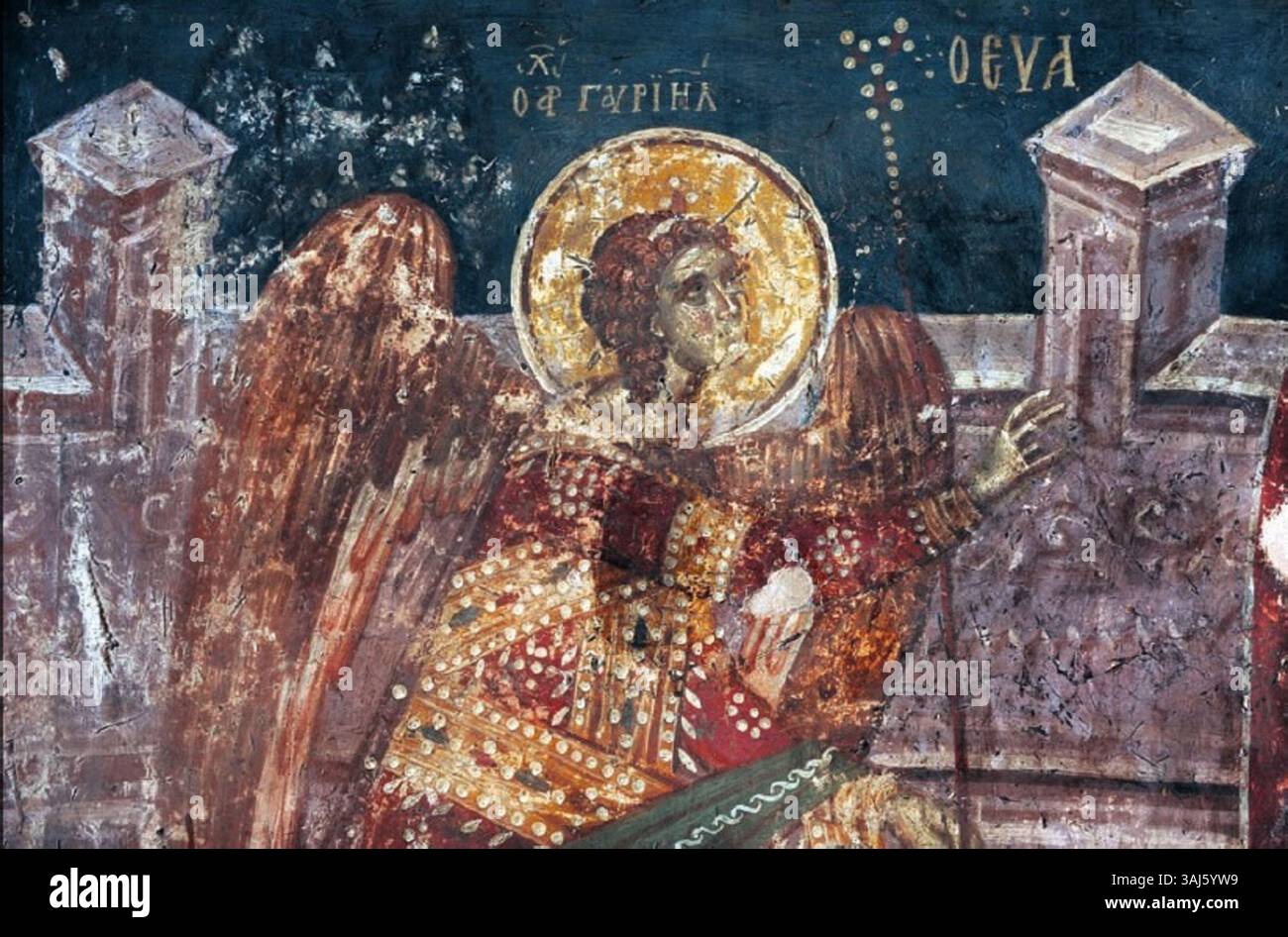 This 14th-century fresco in the Saint Nicholas of Tzotzas Church depicts the Archangel Gabriel ...
