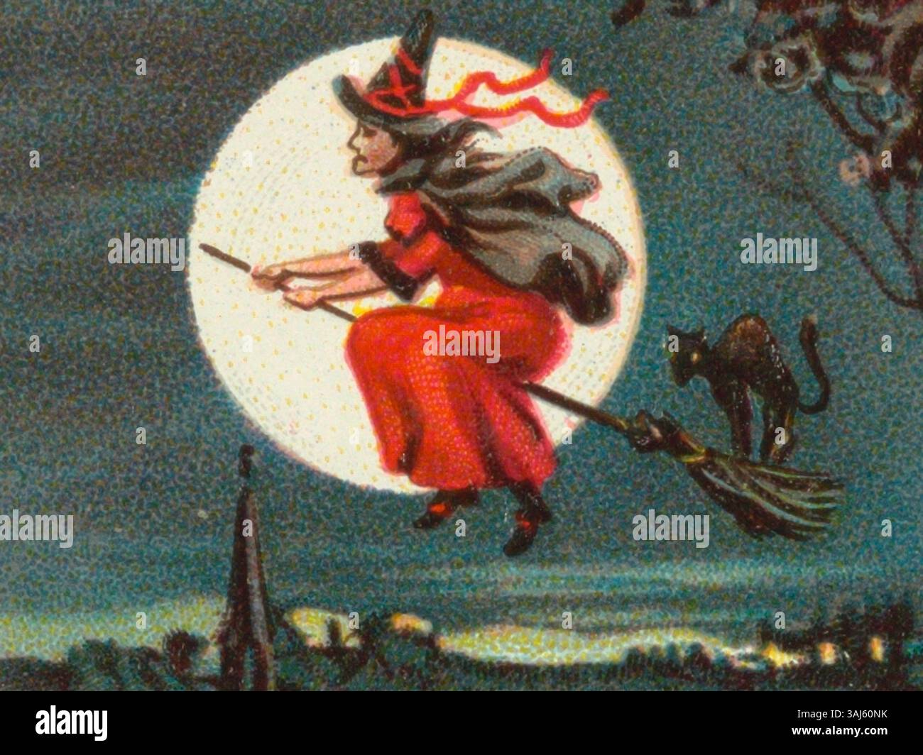 This 1880 greeting card design features a witch and a black cat ...
