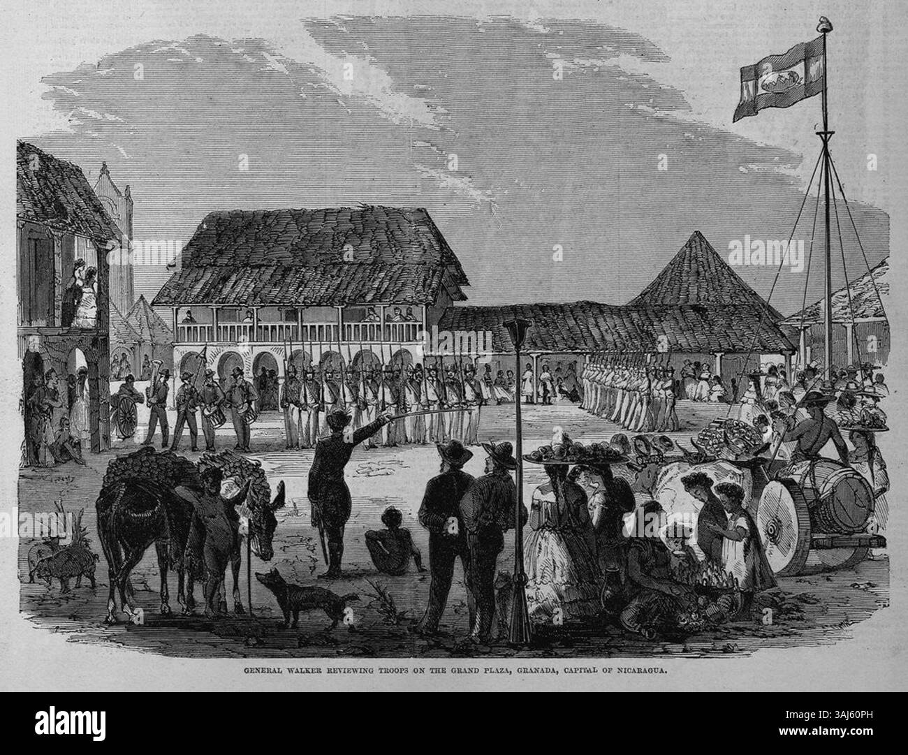 This 1856 illustration shows General William Walker reviewing his troops in Granada, Nicaragua ...