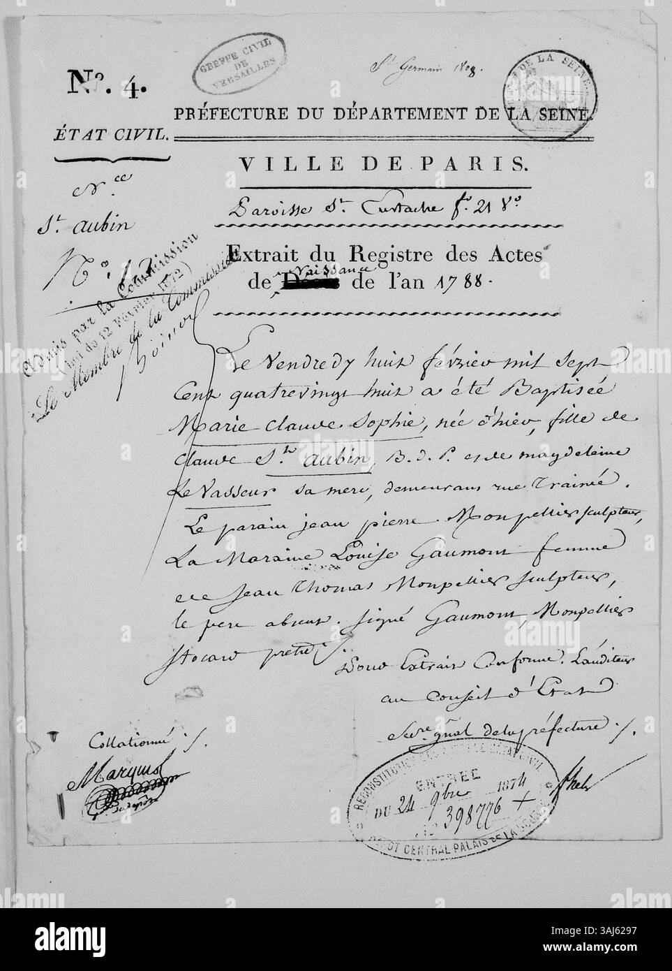 A baptism certificate from February 7, 1788, for Marie Claude Sophie ...