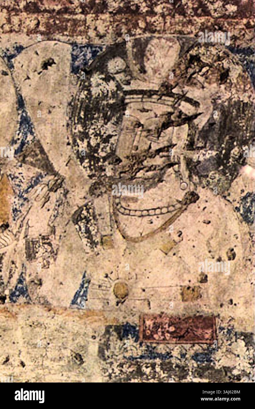 A painting depicting a king in the niche of the 35-meter Buddha at ...