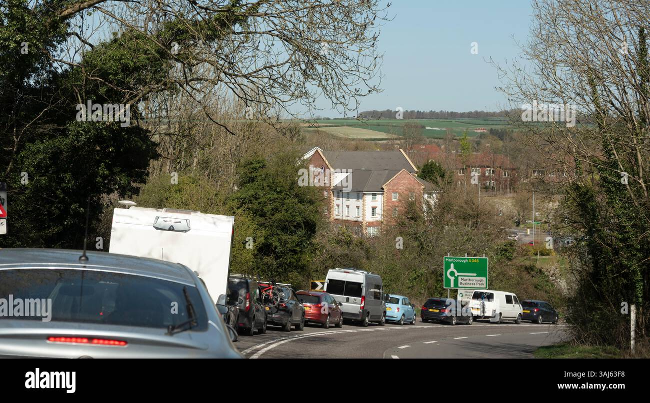 Marlborough Wiltshire England UK. 06.04.2025. Traffic queue along the ...