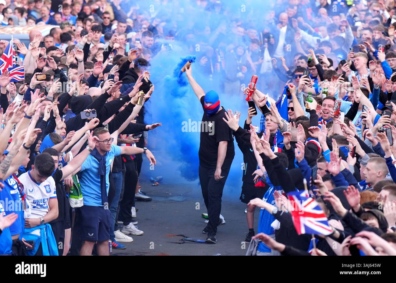 Rangers fans set off flares outside the stadium before the UEFA Europa ...