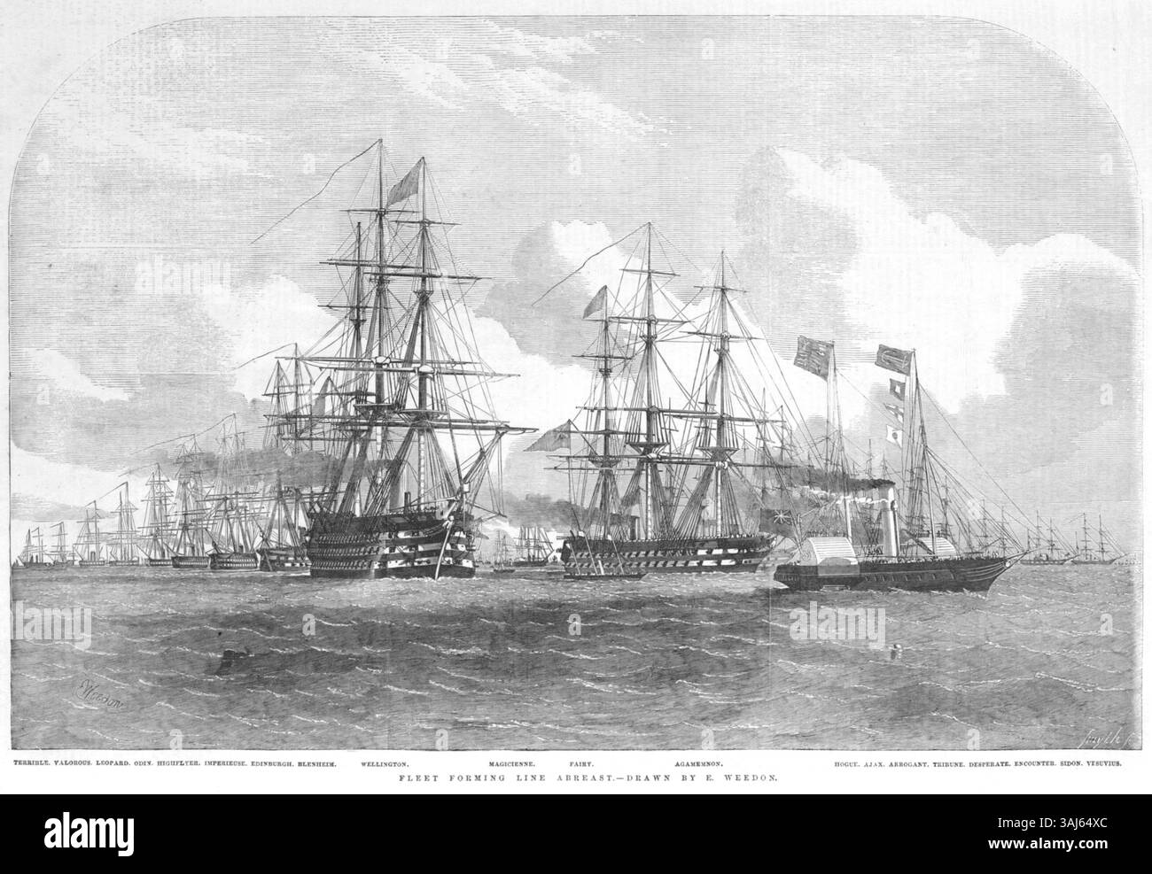 The illustration depicts a naval formation at the 1853 Spithead Naval ...