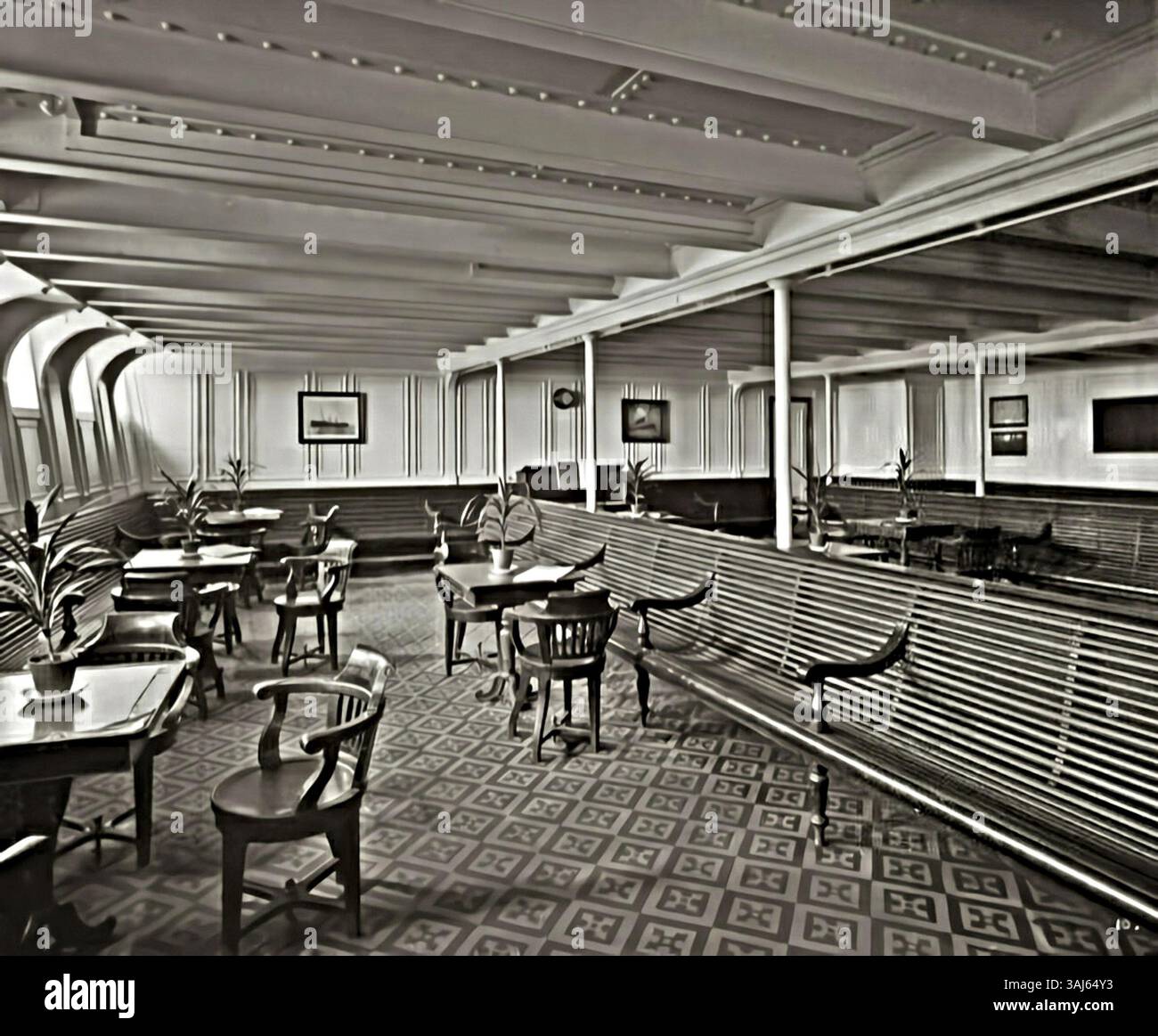 The 3rd class lounge of the RMS Olympic in 1911, captured in a ...