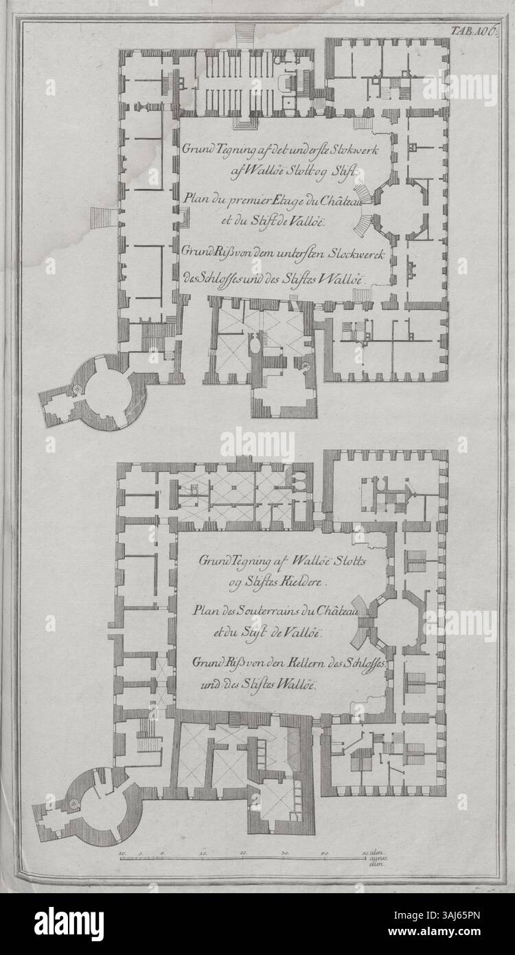 Floor plan of Vallø Castle and its basement and first floors ...