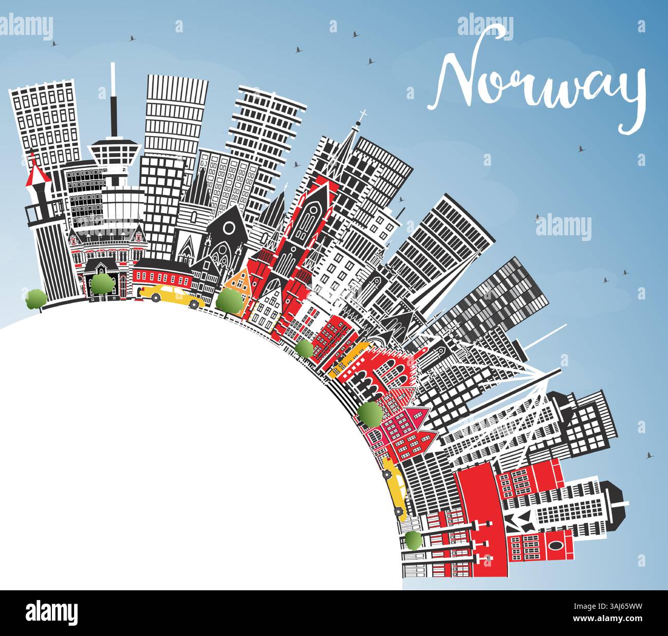 Norway city skyline with gray buildings, blue sky and copy space ...