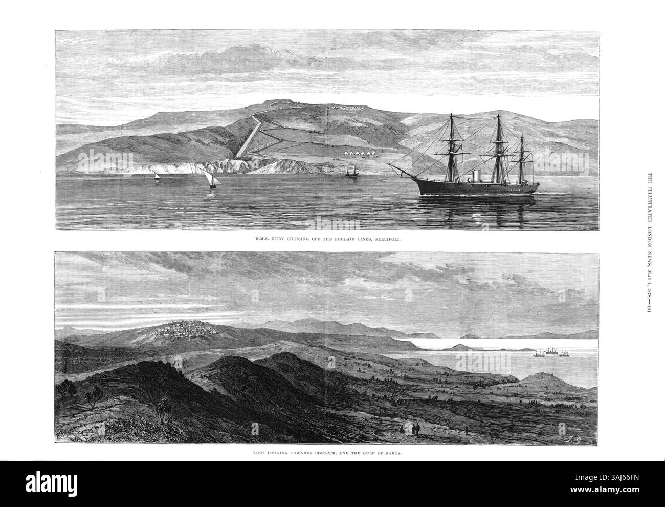 The illustration shows British warships stationed off Boulair, a ...