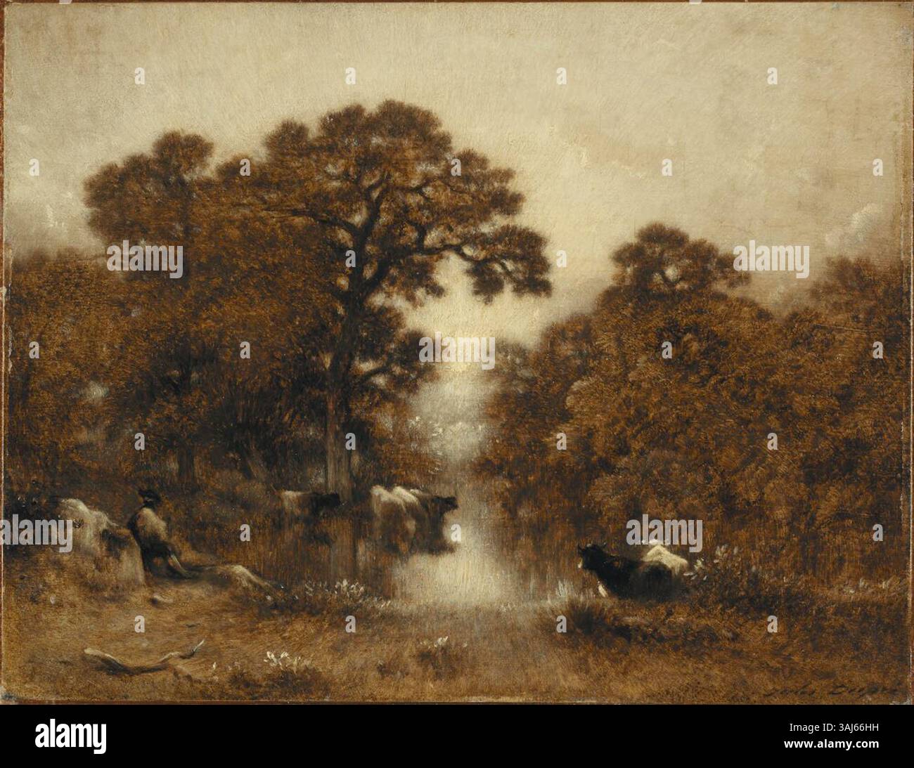 Cows at a Watering Pool, painted by Jules Dupré in 1584. The artwork ...
