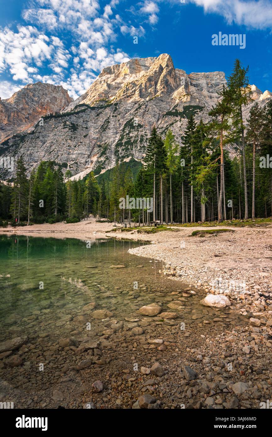 lago di braies lake prags with the famous wooden fisher hut in the ...