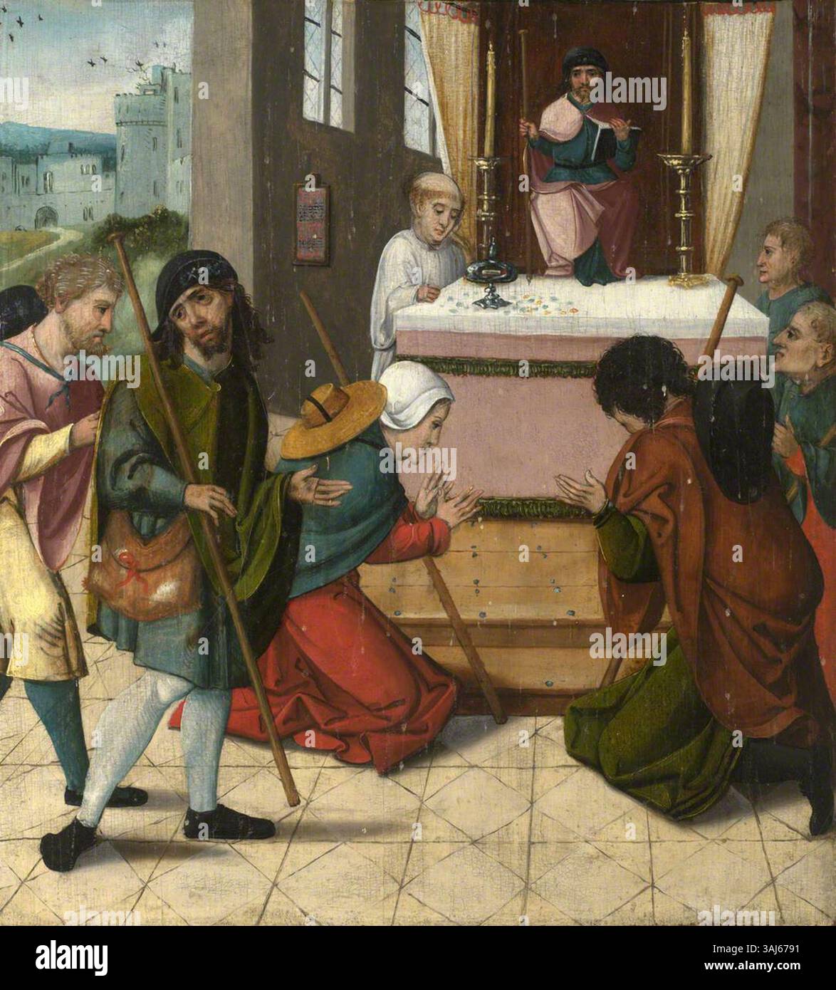 The 'Oxburgh Retable: Pilgrims at an Altar Begging the Intercession of Saint James' by Pieter ...