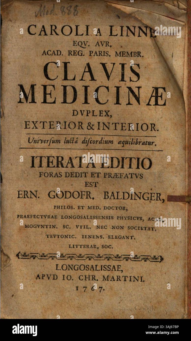 The title page of Carl Linnaeus's 1767 re-edition of *Clavis Medicinae ...