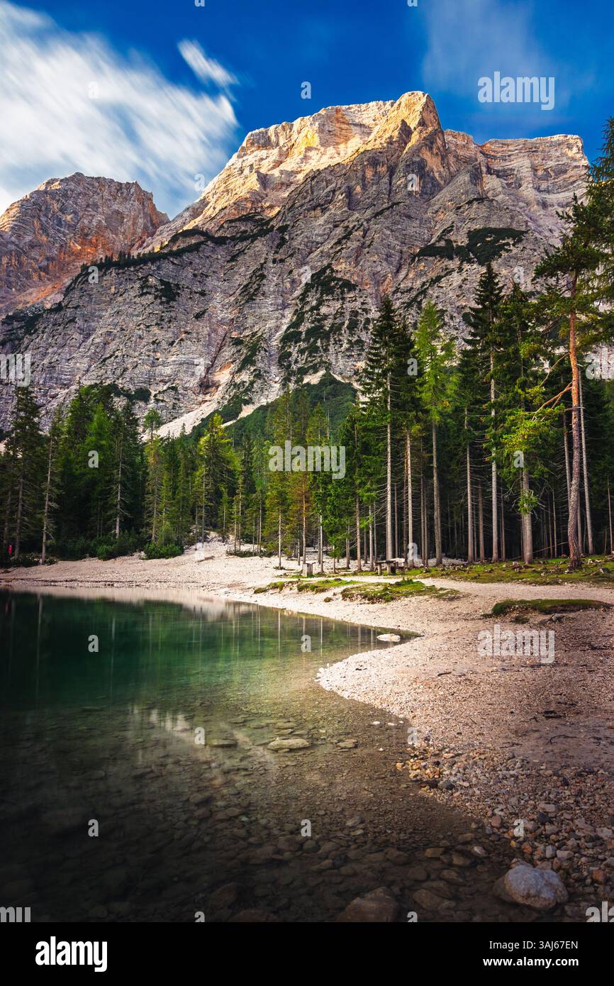 lago di braies lake prags with the famous wooden fisher hut in the ...