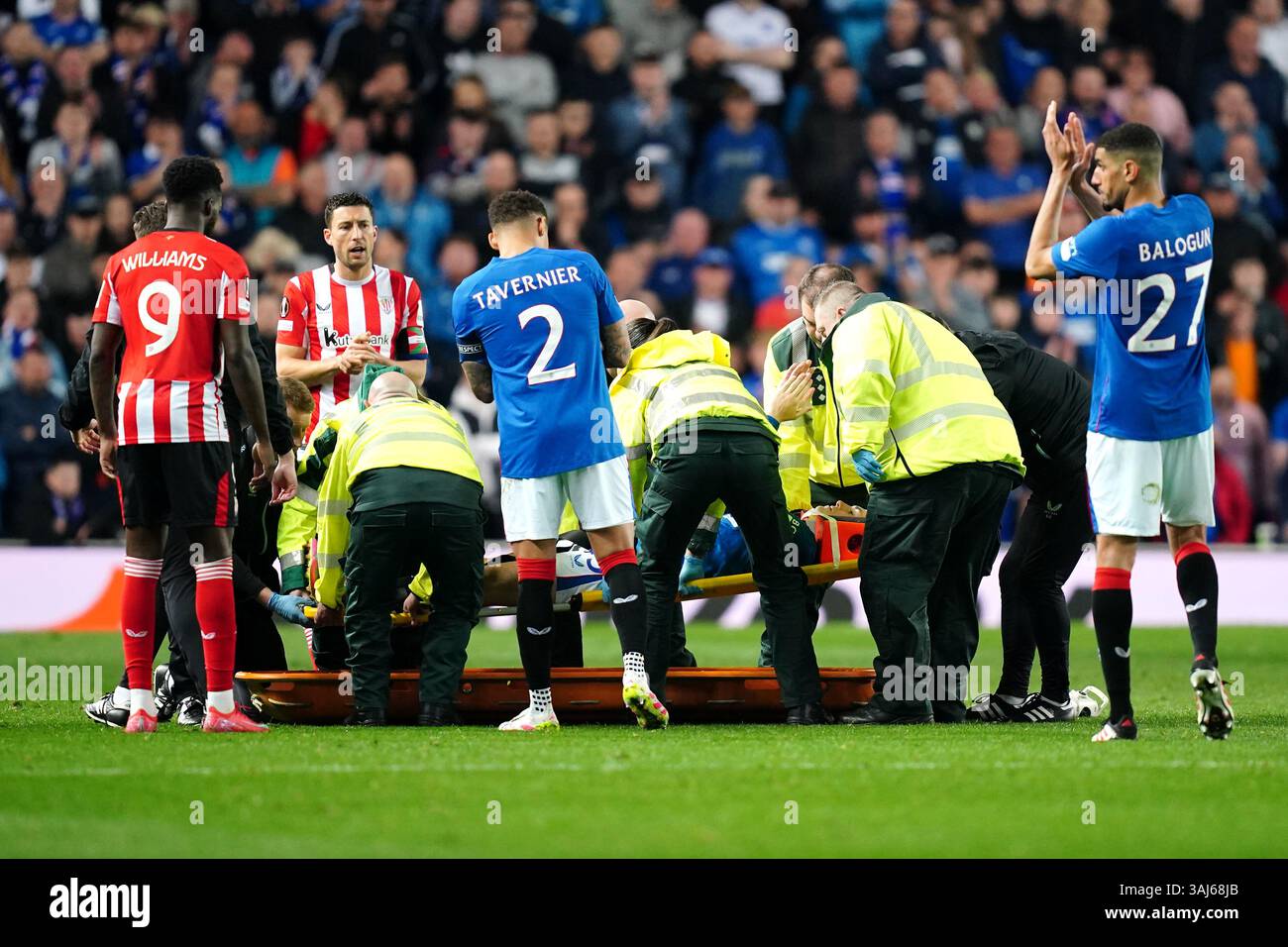 Rangers' Bailey Rice is stretched off the pitch following an injury ...