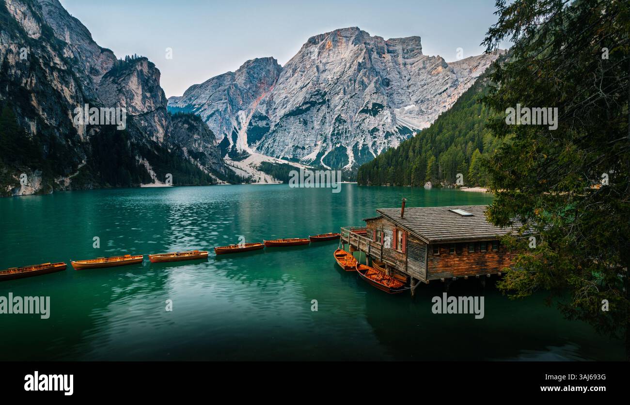 lago di braies lake prags with the famous wooden fisher hut in the ...