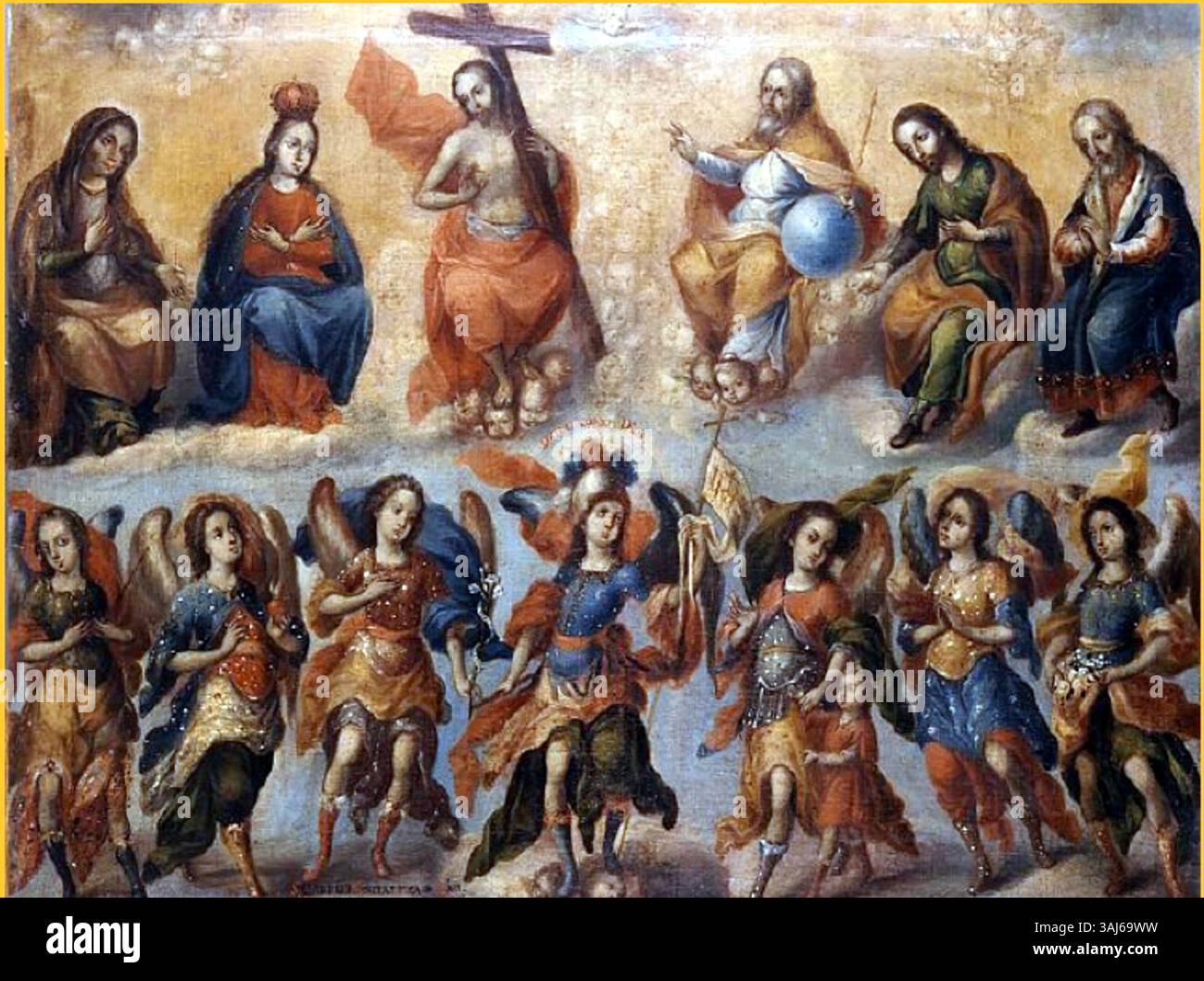 This 18th-century oil painting depicts the seven archangels with the Holy Trinity and various ...