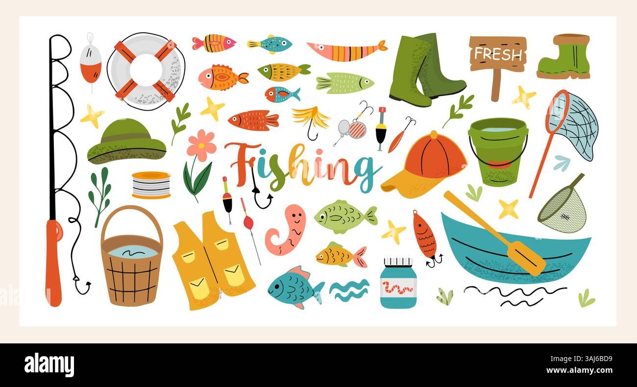 Colorful flat-style vector fishing set with rods, fish, hooks, baits ...