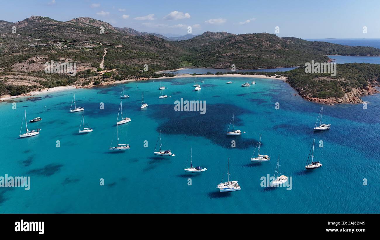 Aerial view of Rondinara beach in Corsica, France, with anchored ...