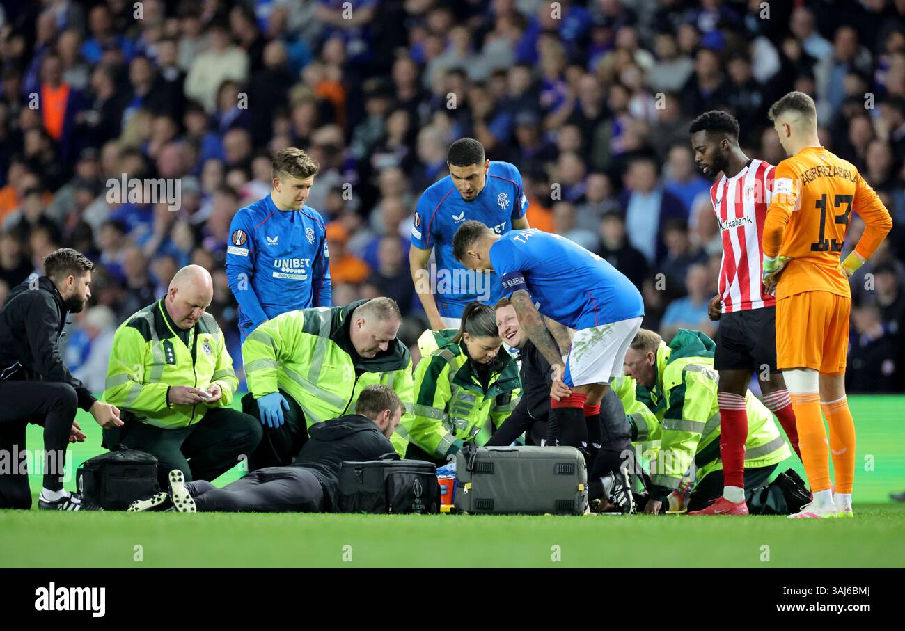 Rangers' Bailey Rice receives treatment during the UEFA Europa League ...