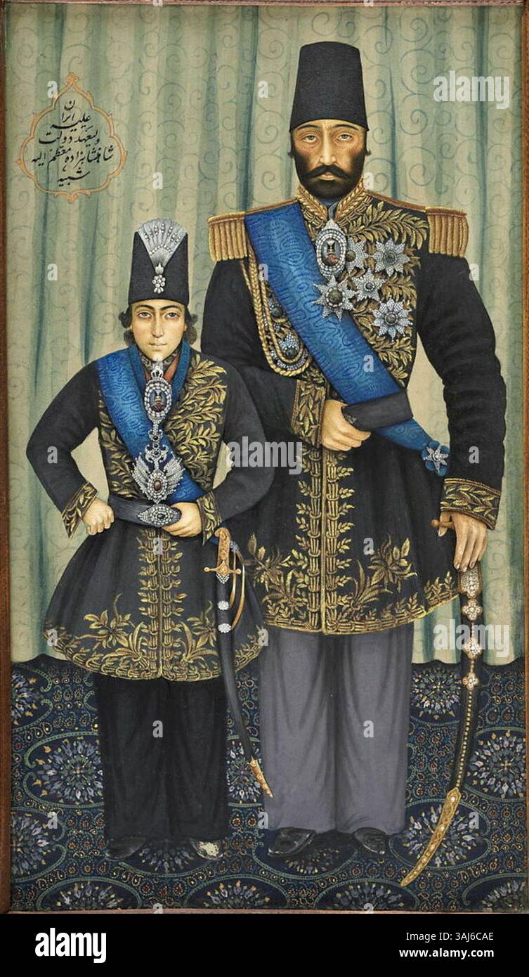 Portrait of Muzaffar al-Din Shah and Aziz Khan Mukri, attributed to ...