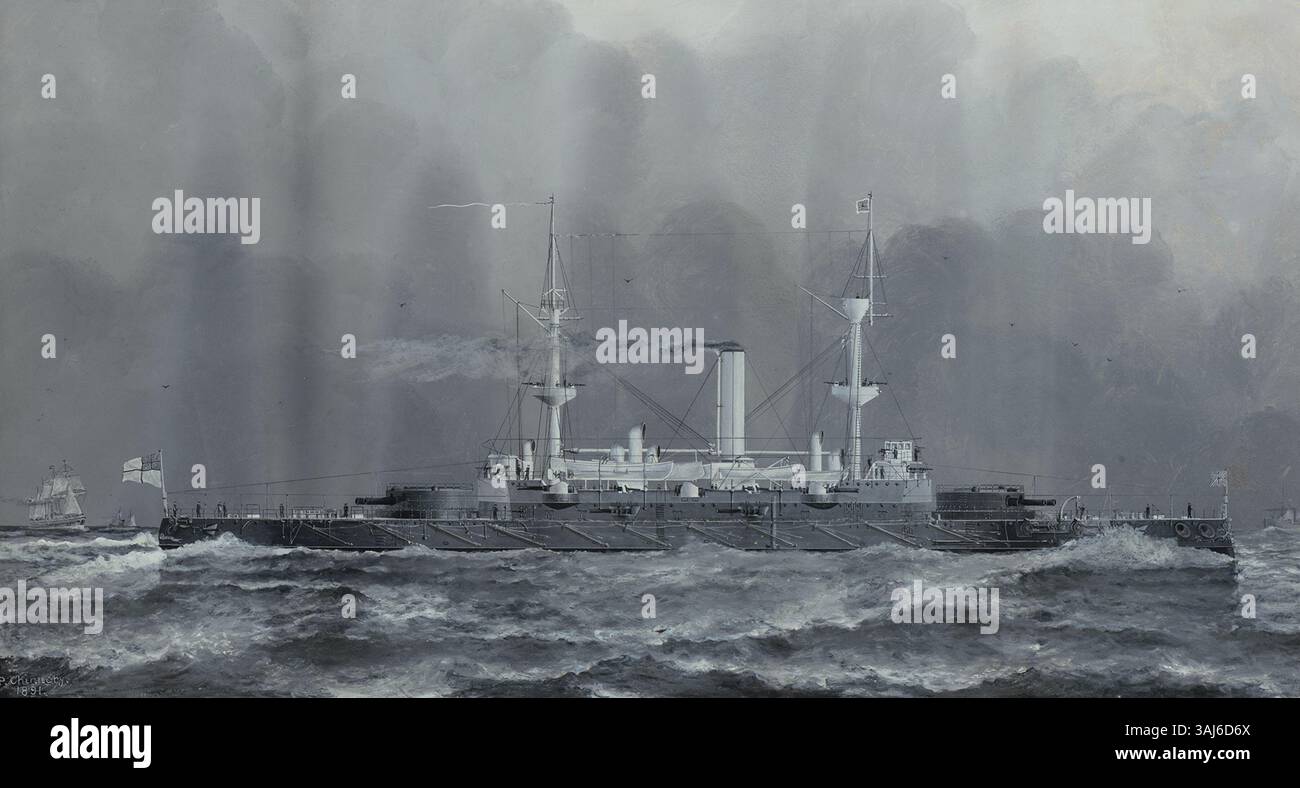 A 1891 painting by P.A. Chinnery depicting the H.M.S. Hood, capturing ...