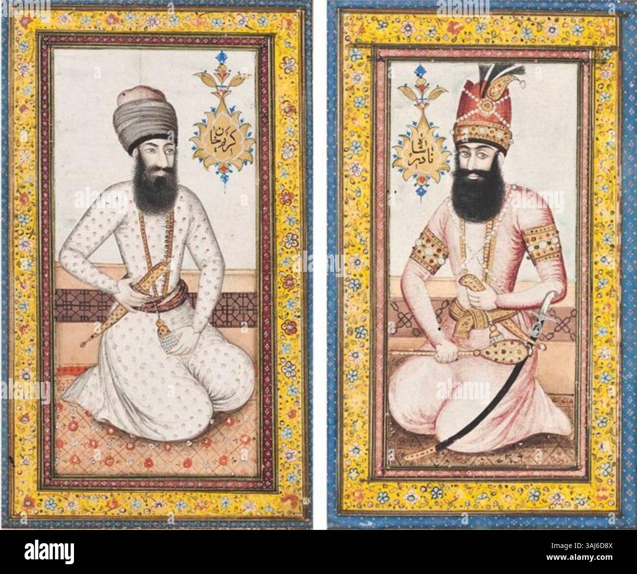 These 19th-century portraits depict Nader Shah and Karim Khan Zand, two ...