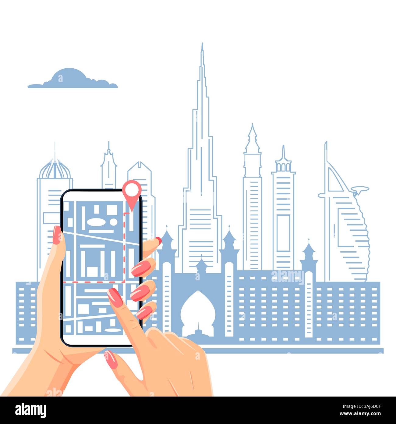 Vector illustration Walk around city. Navigation. Hands holding cell phone, plotting moving ...